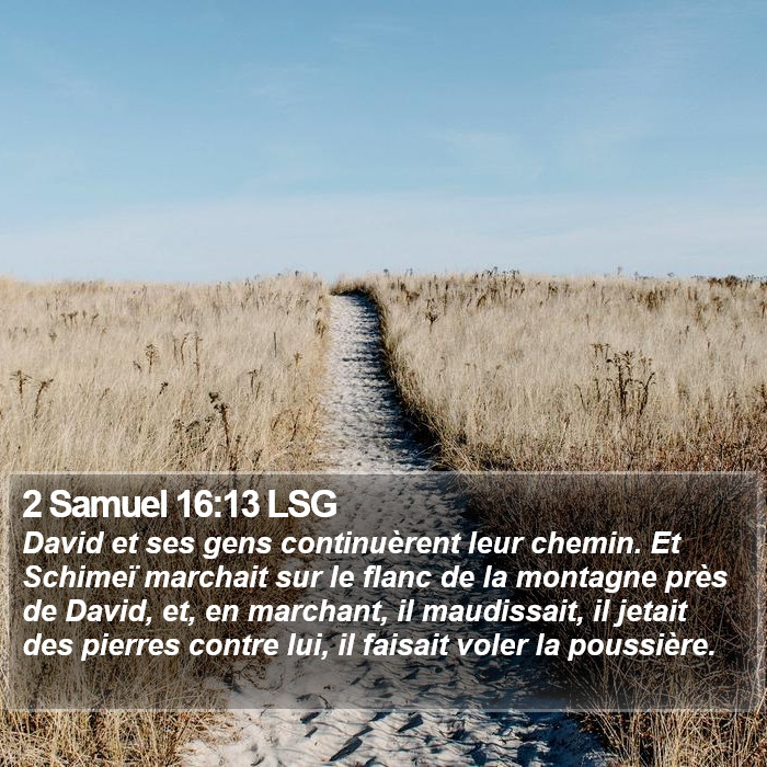 2 Samuel 16:13 LSG - David et ses gens continuèrent leur chemin. Et