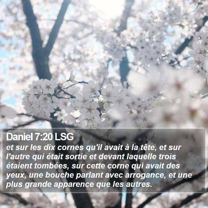 Daniel 7:20 LSG - et sur les dix cornes qu'il avait à la tête, et