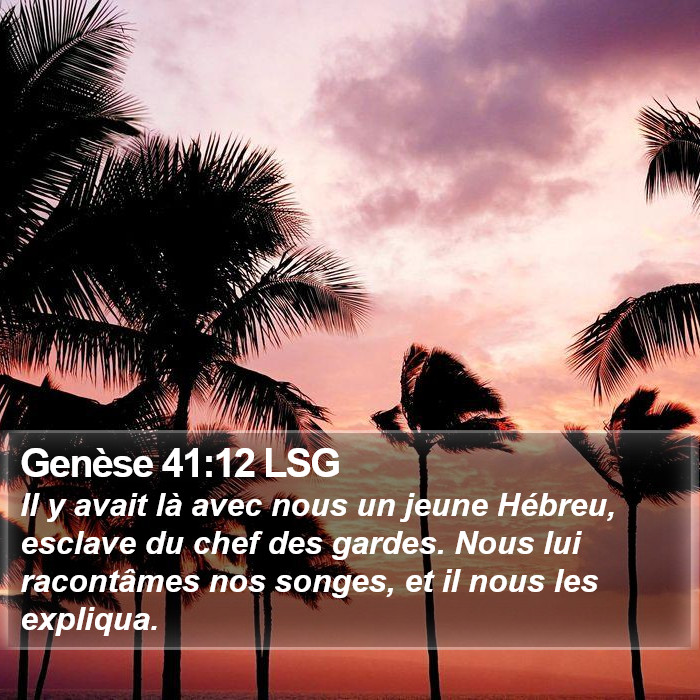 Genèse 41:12 LSG - Il y avait là avec nous un jeune Hébreu,