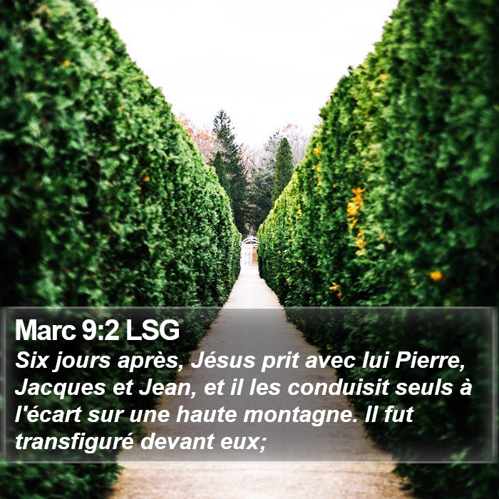 Marc 9:2 LSG - Six jours après, Jésus prit avec lui Pierre,