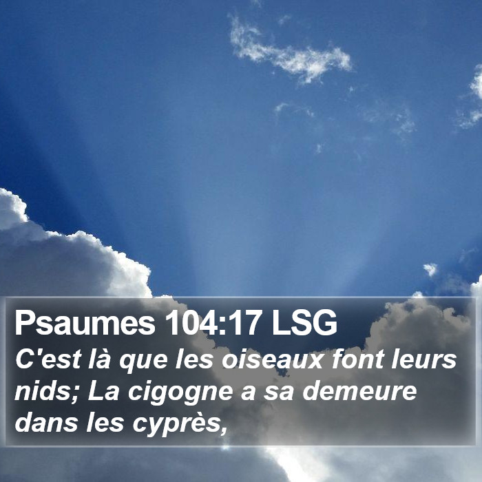 Psaumes 104:17 LSG - C'est là que les oiseaux font leurs nids; La